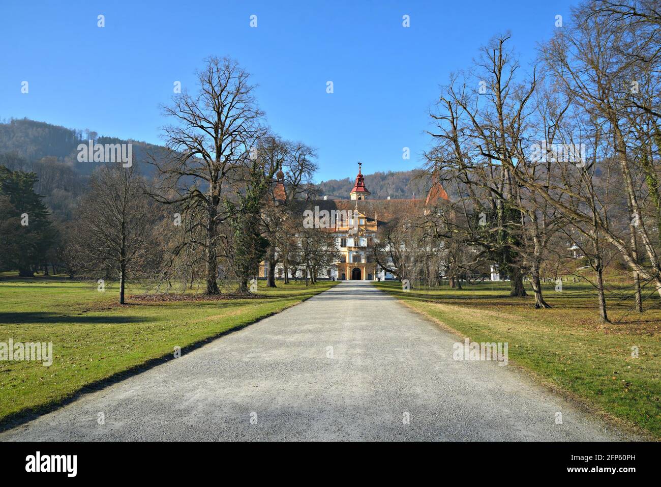 Scenic landscape with panoramic view of Schloss Eggenberg a 17th ...