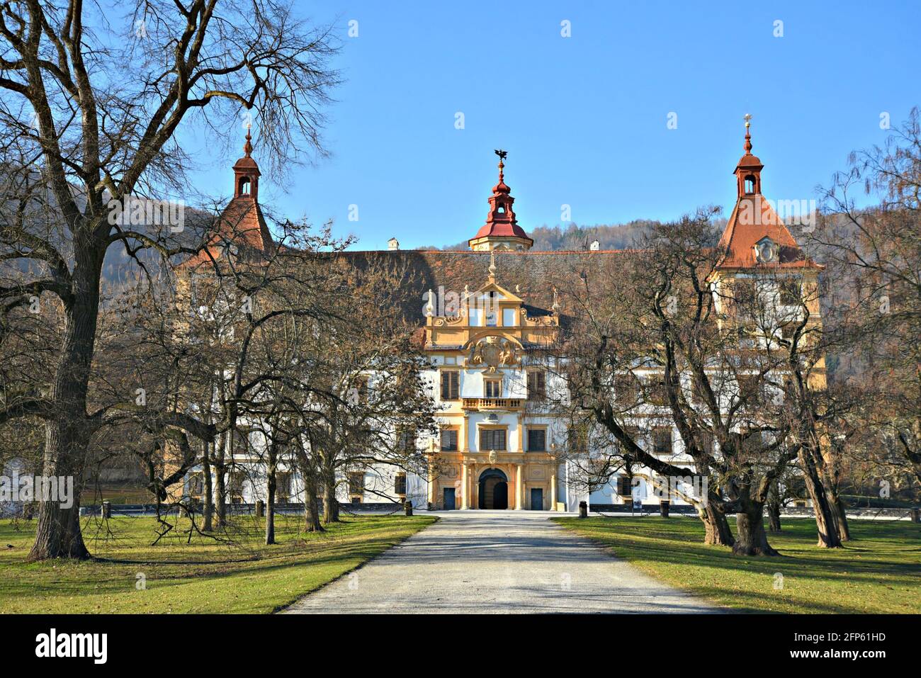 Scenic landscape with panoramic view of Schloss Eggenberg a 17th ...