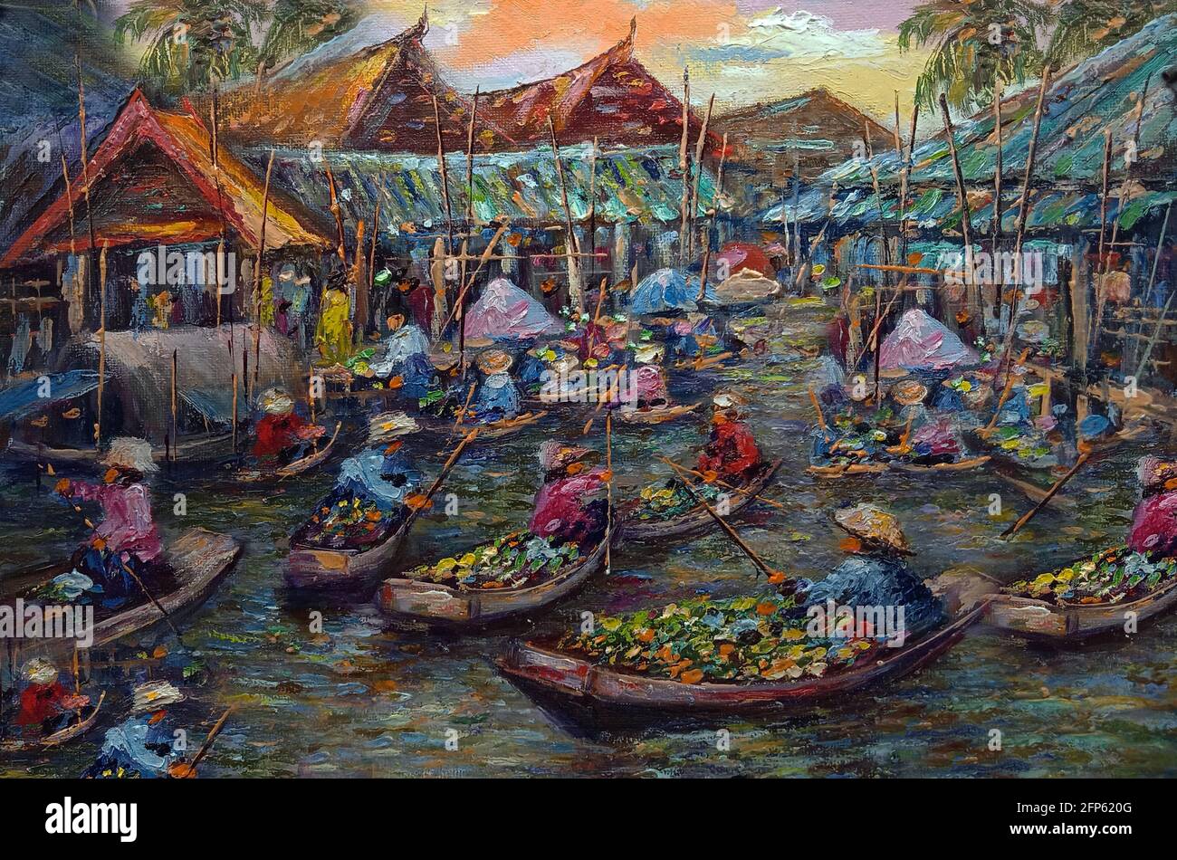 Art Oil painting Fine art Floating market Thailand Countryside Stock ...