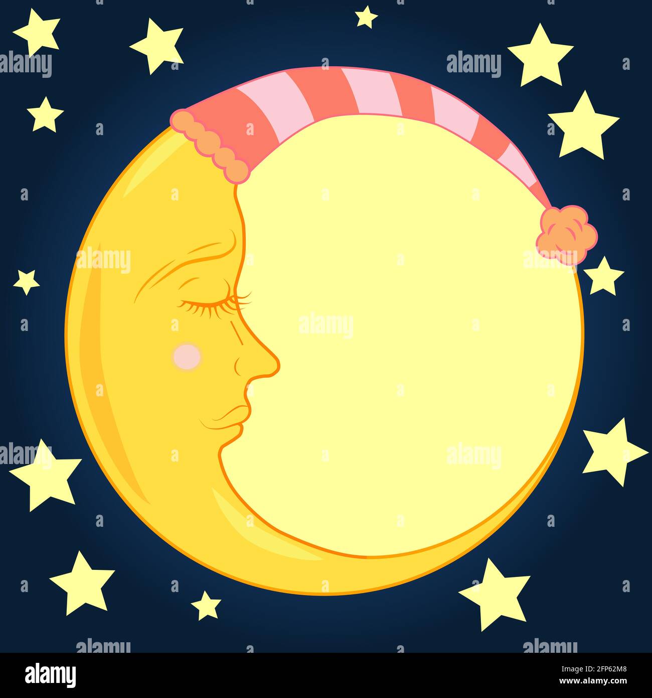 moon in a sleeping cap with a closed eye in a blue night sky with stars ...