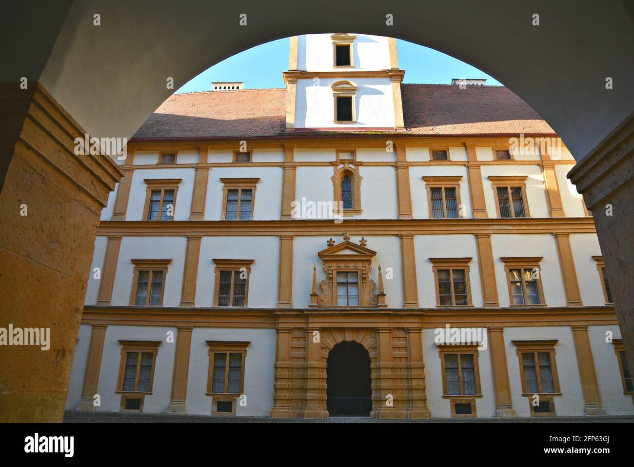 Scenic arched view of Schloss Eggenberg a 17th century Baroque style ...