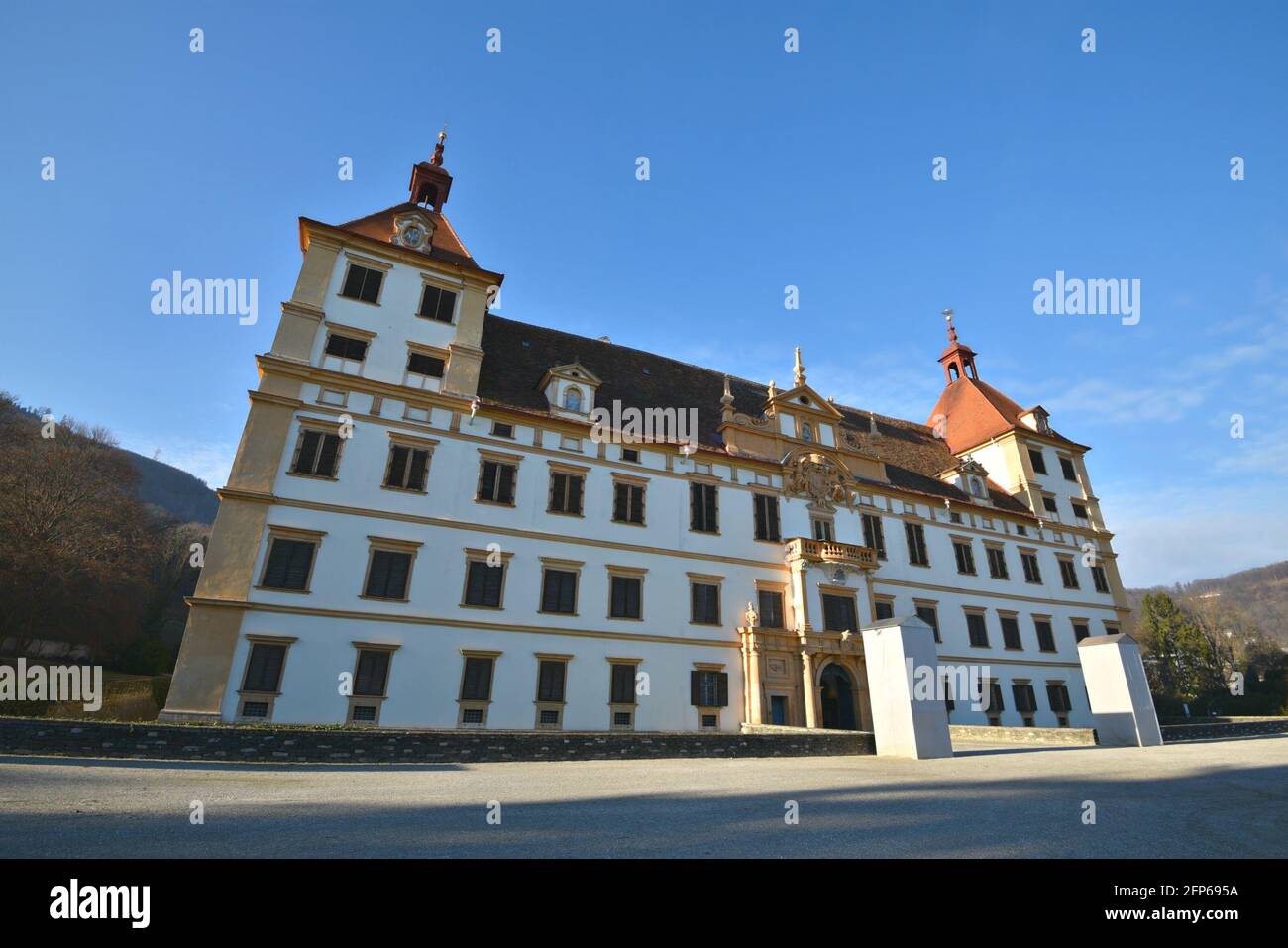 Scenic landscape with panoramic view of Schloss Eggenberg a 17th ...