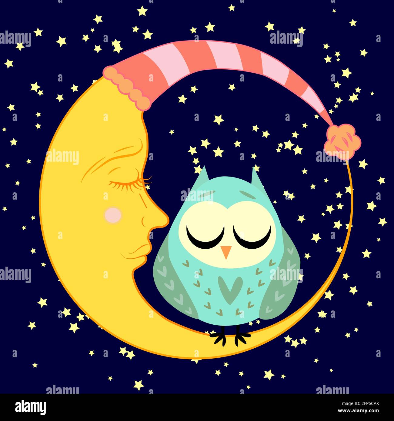 cute cartoon sleeping owl in hearts with closed eyes sits on a drowsy ...