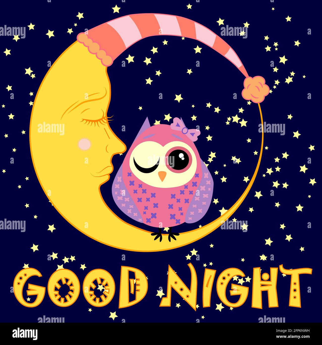 Good night. Postcard with a dormant crescent, a cute cartoon owl and ...