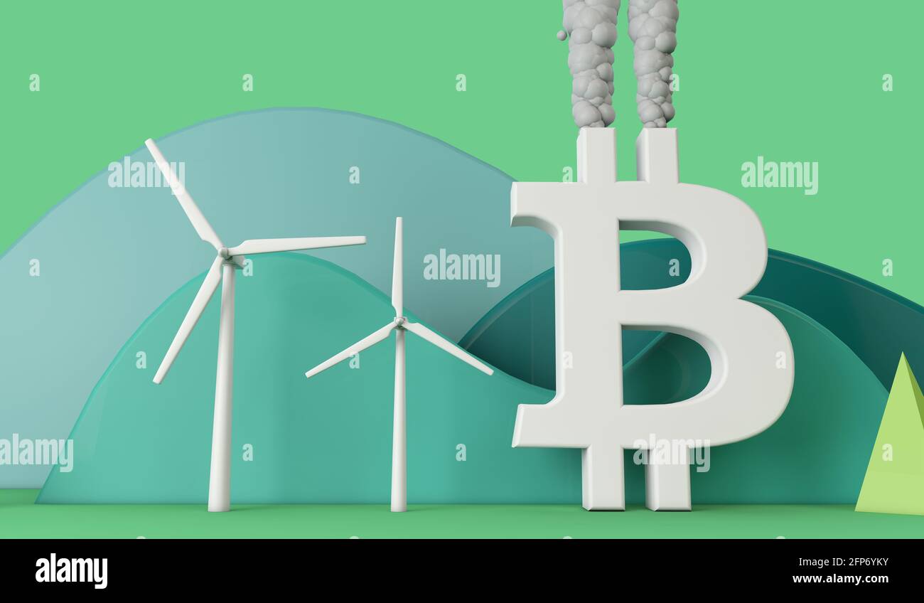 Bitcoin environmental impact. Pollution from a bitcoin logo. 3D ...