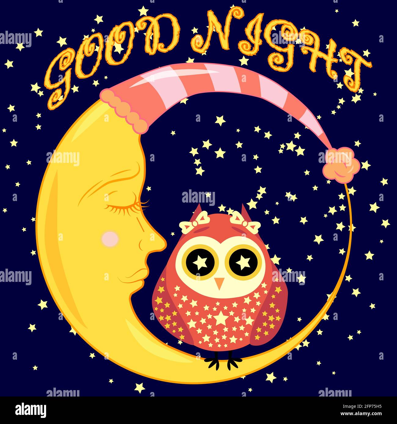 Good night. Postcard with a dormant crescent, a cute cartoon owl and ...