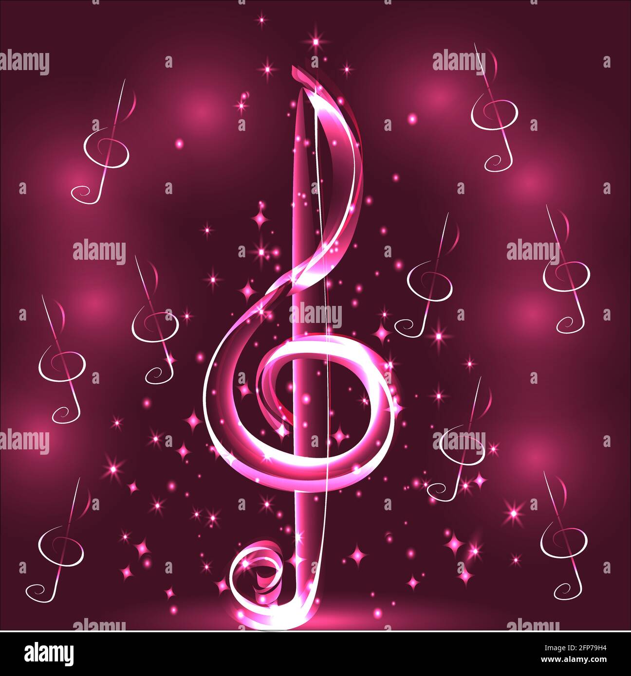 Elegant luminous contour of the treble clef on a dark background, neon ...