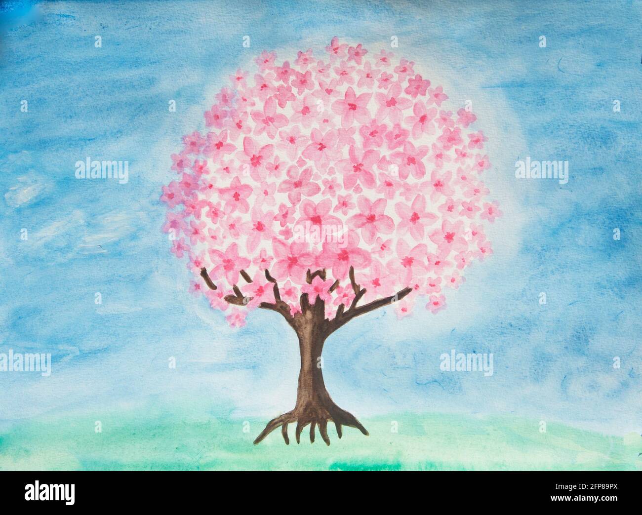 Pink tree on blue, watercolor painting Stock Photo - Alamy