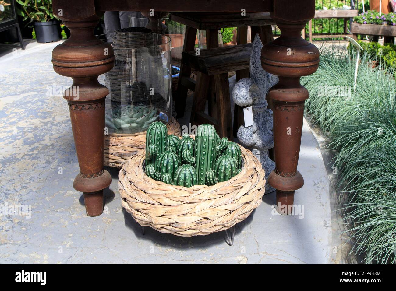 Wicker basket with ceramic green cactus figurines under the table ...