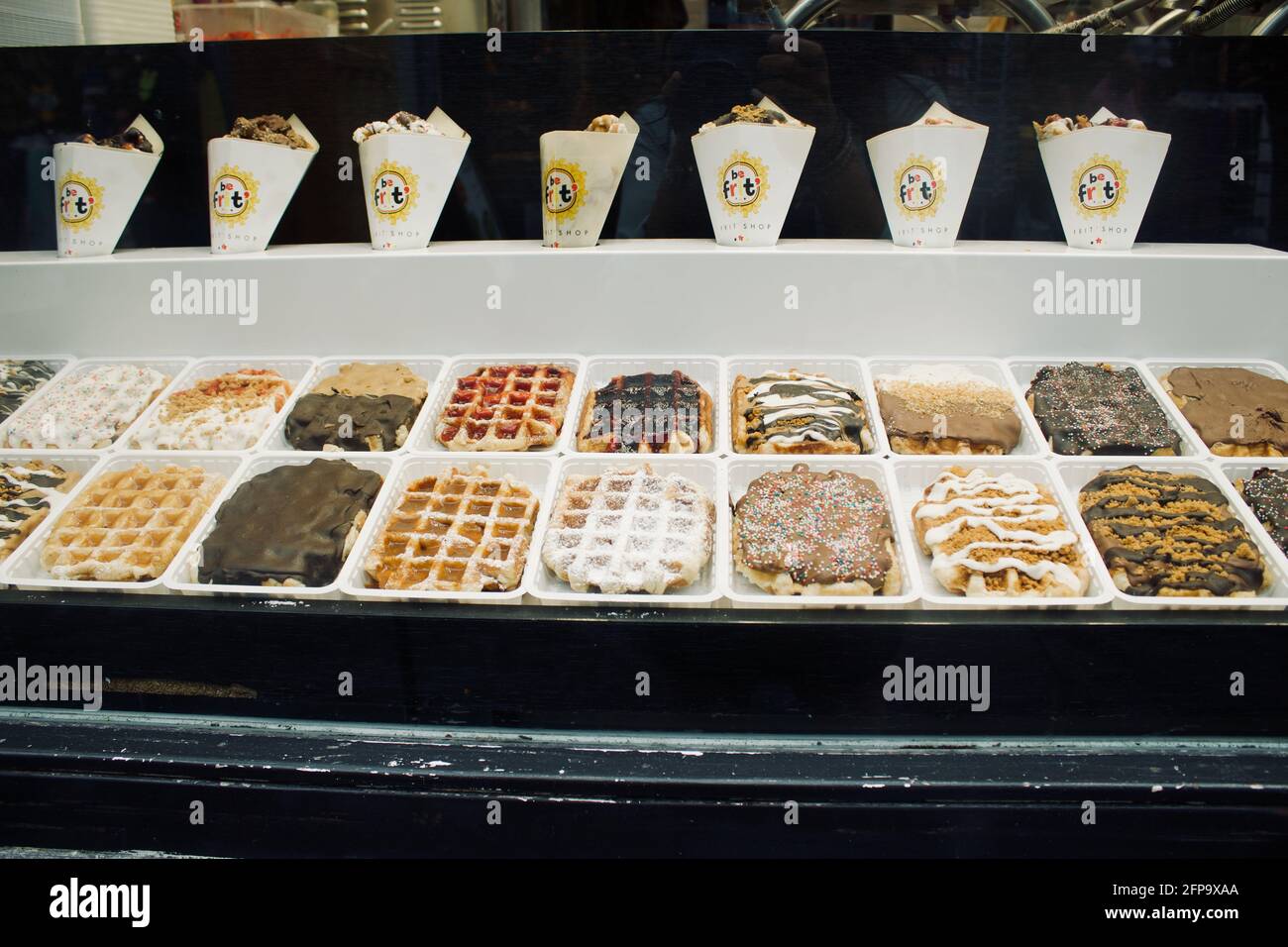 Brussels, Belgium - June 15 2018: Waffle shop in Brussels, with a ...