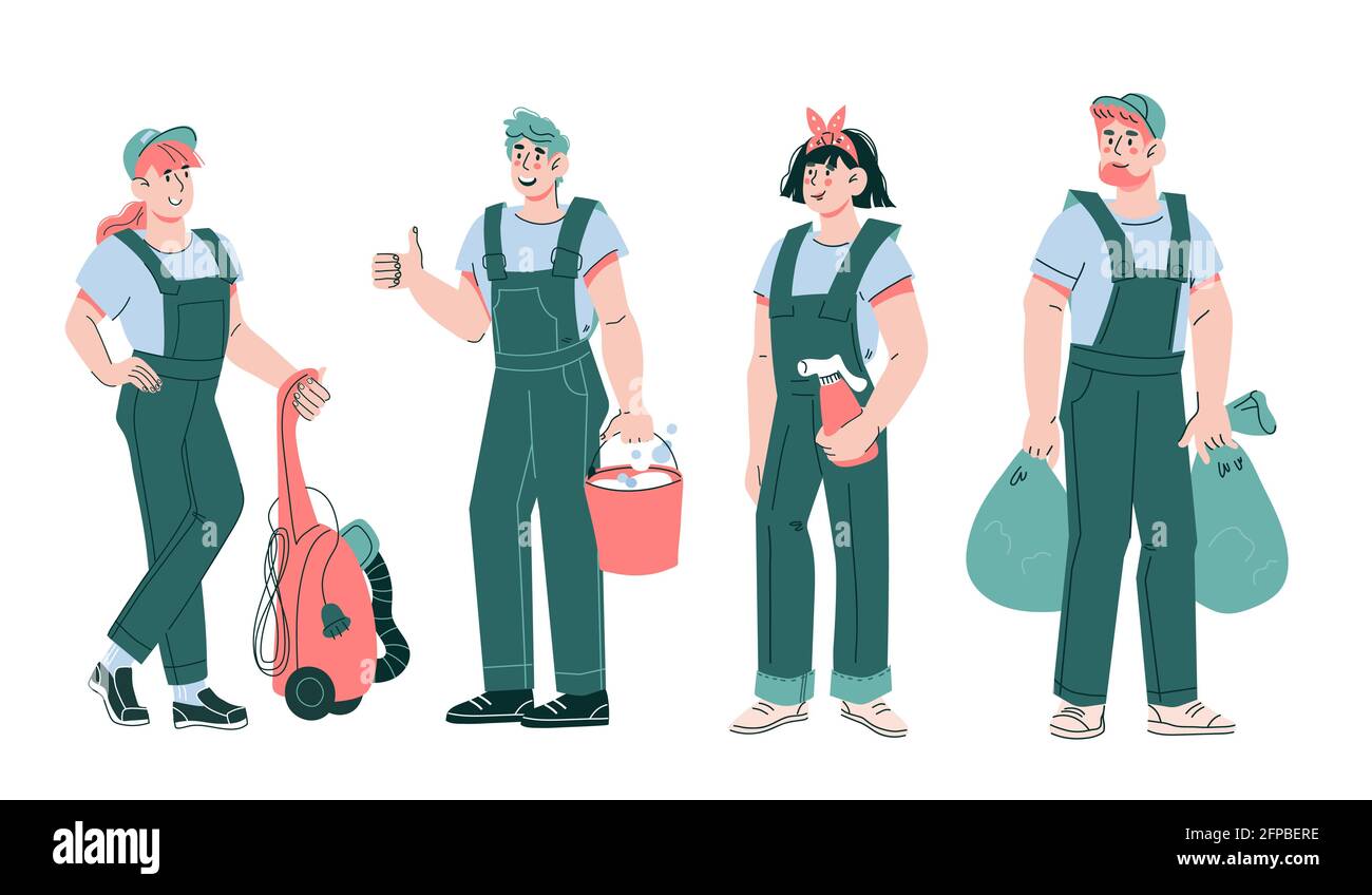 Cleaners and janitors staff or cleaning service team with various work ...