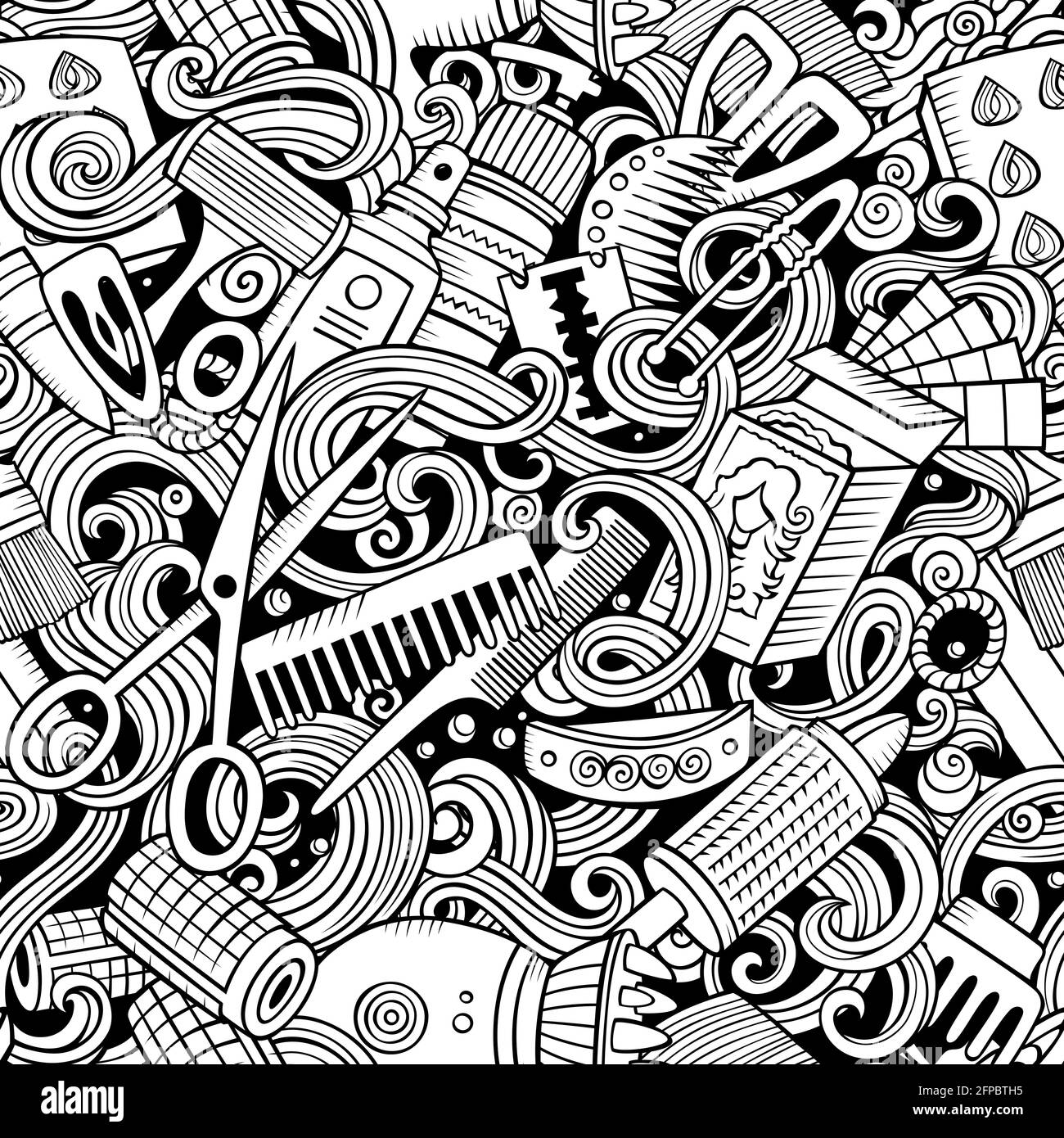 Hair Salon hand drawn doodles seamless pattern. Hairstyle background ...