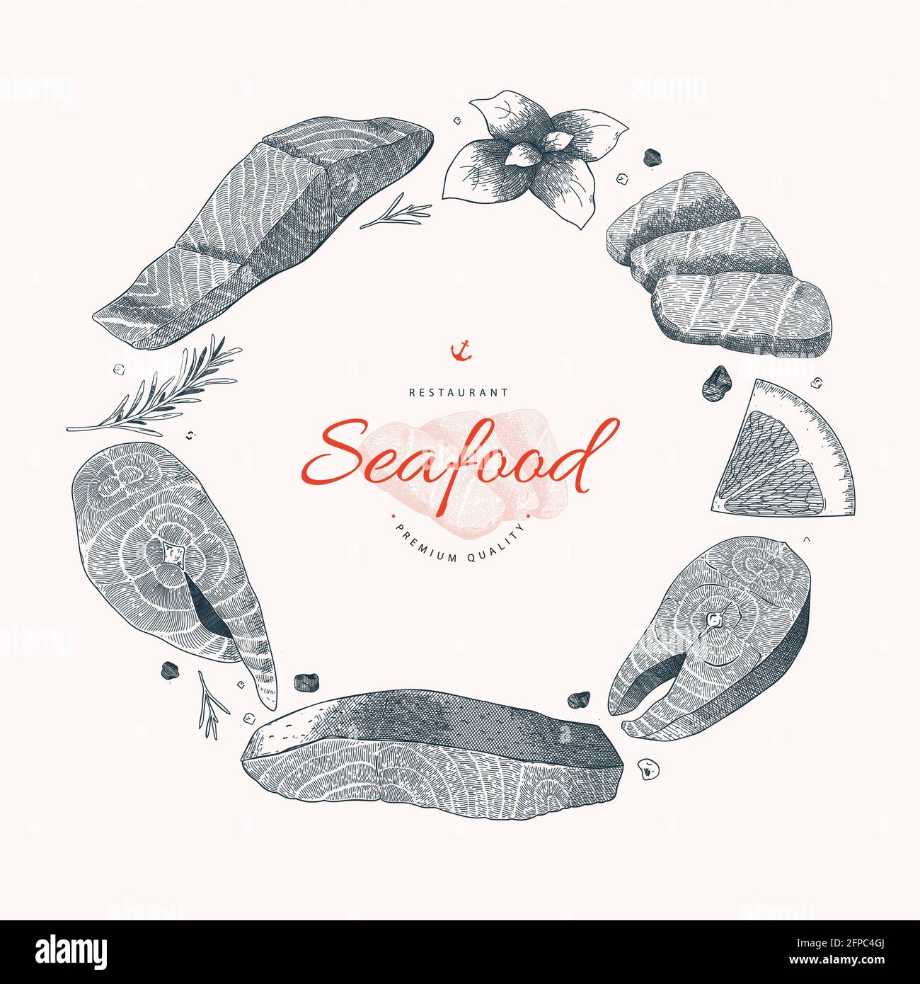 Seafood menu design, frame vector template with logo and hand drawn ink ...