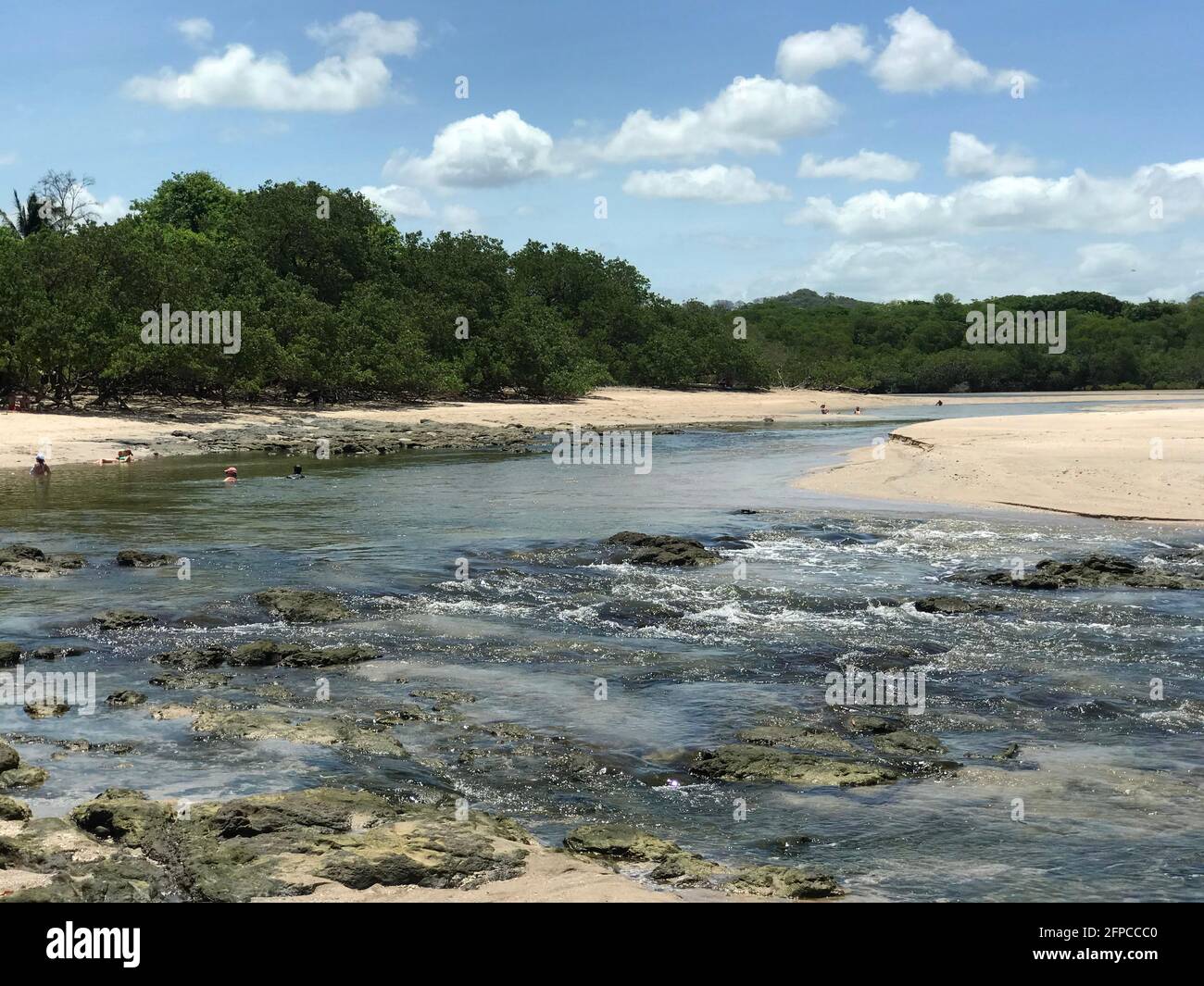 People bathing in river winding toward the Pacific Ocean in Tamarindo ...