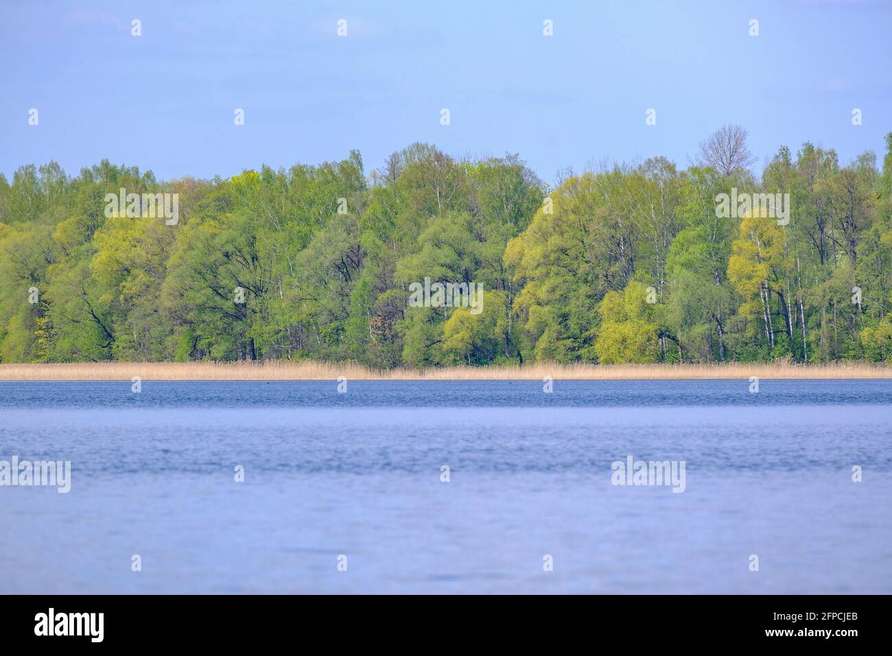 wide river landscape scene with large body of water, blue reflections ...