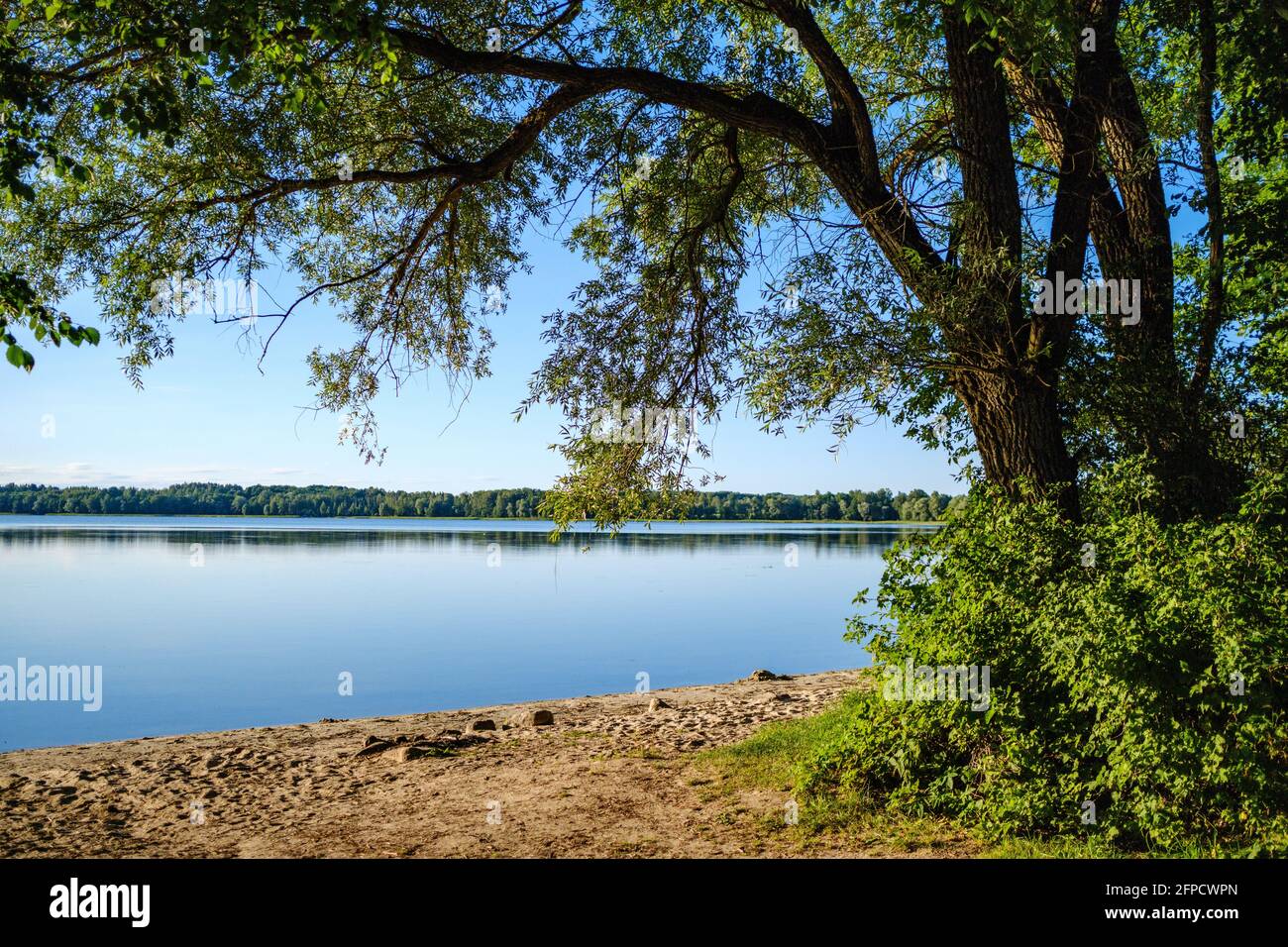 wide river landscape scene with large body of water, blue reflections ...