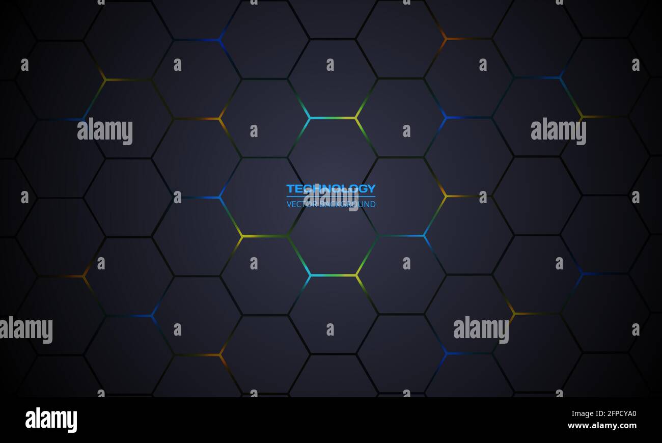 Dark gray hexagonal technology vector abstract background. Multicolored bright energy flashes ...