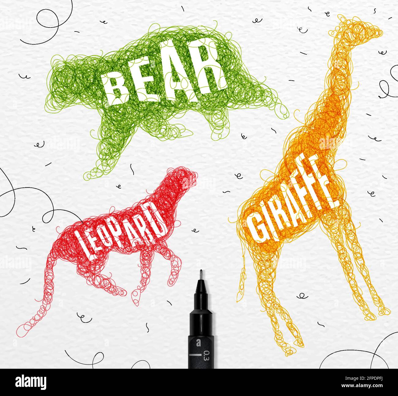 Pen hand drawing tangle wild animals bear, giraffe, leopard with ...