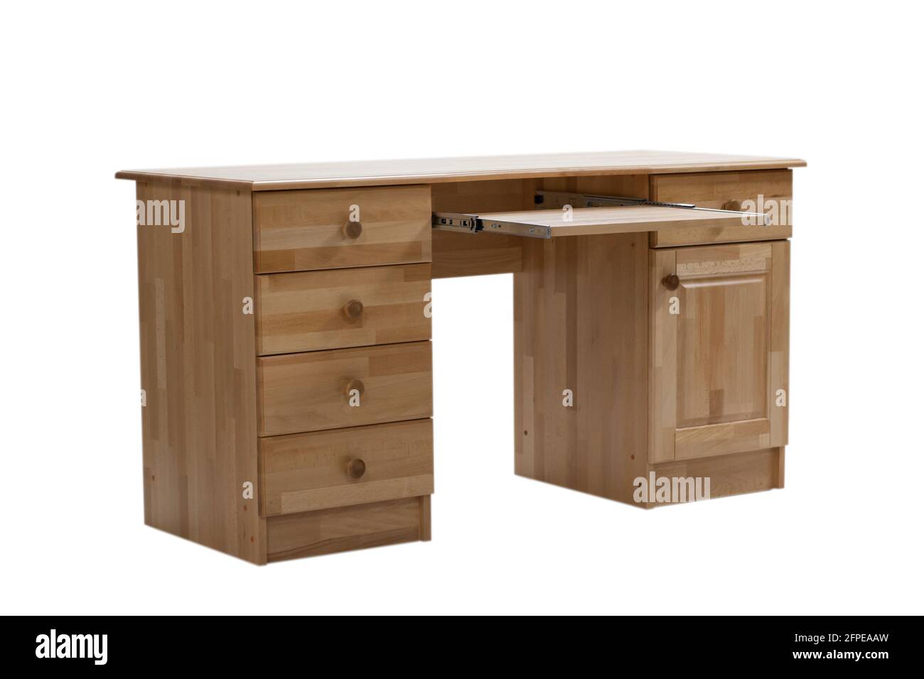 Classic writing desk with computer keyboard stand, side view, isolated ...