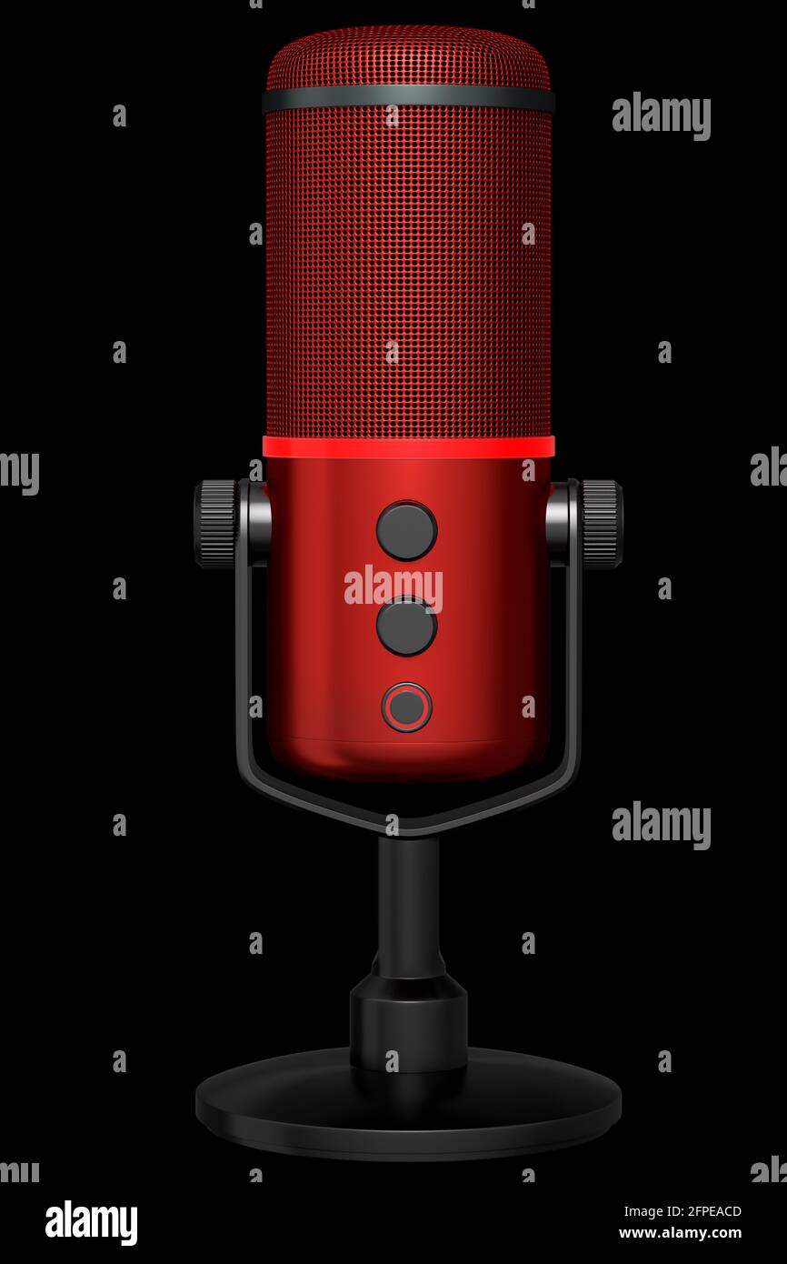 3D rendering of red studio condenser microphone isolated on black ...