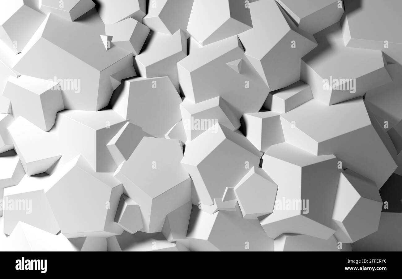 Abstract background with white 3D shapes flying in the light as a messy ...