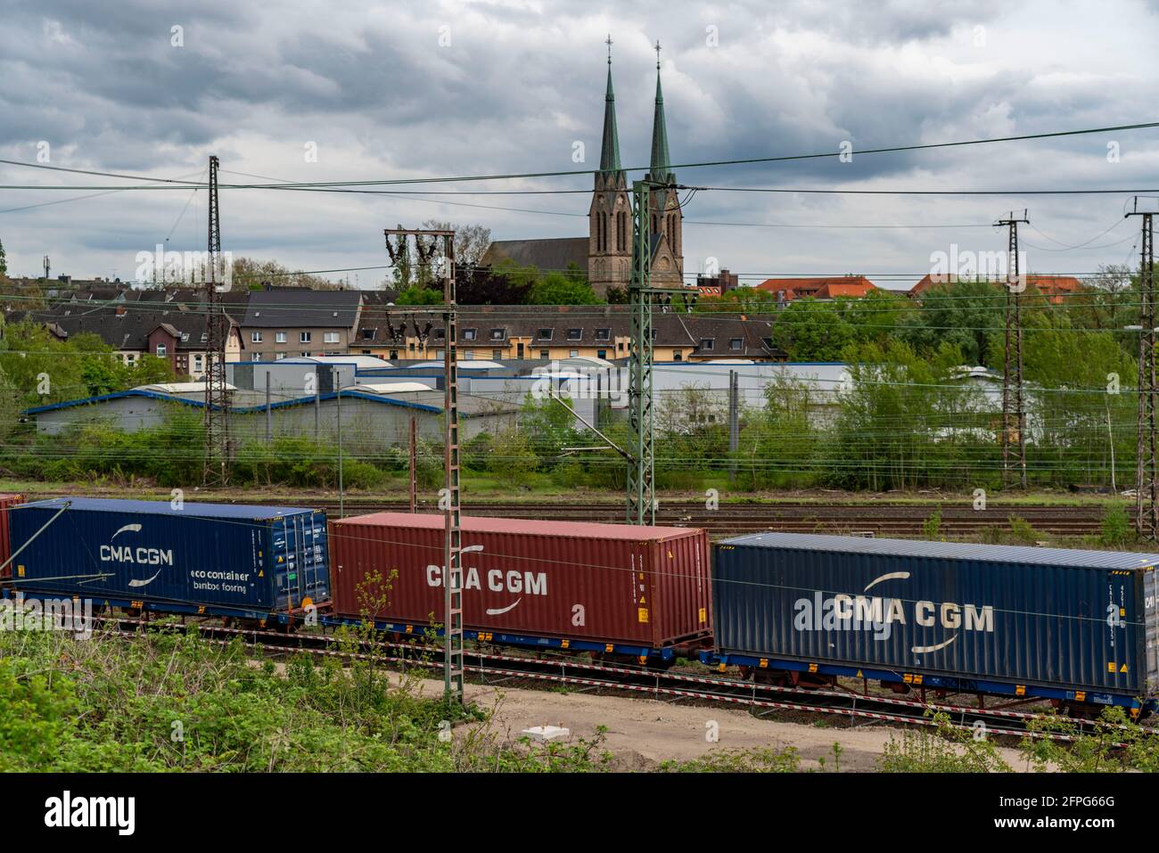 Railway line in Oberhausen, goods train, with freight containers, NRW ...