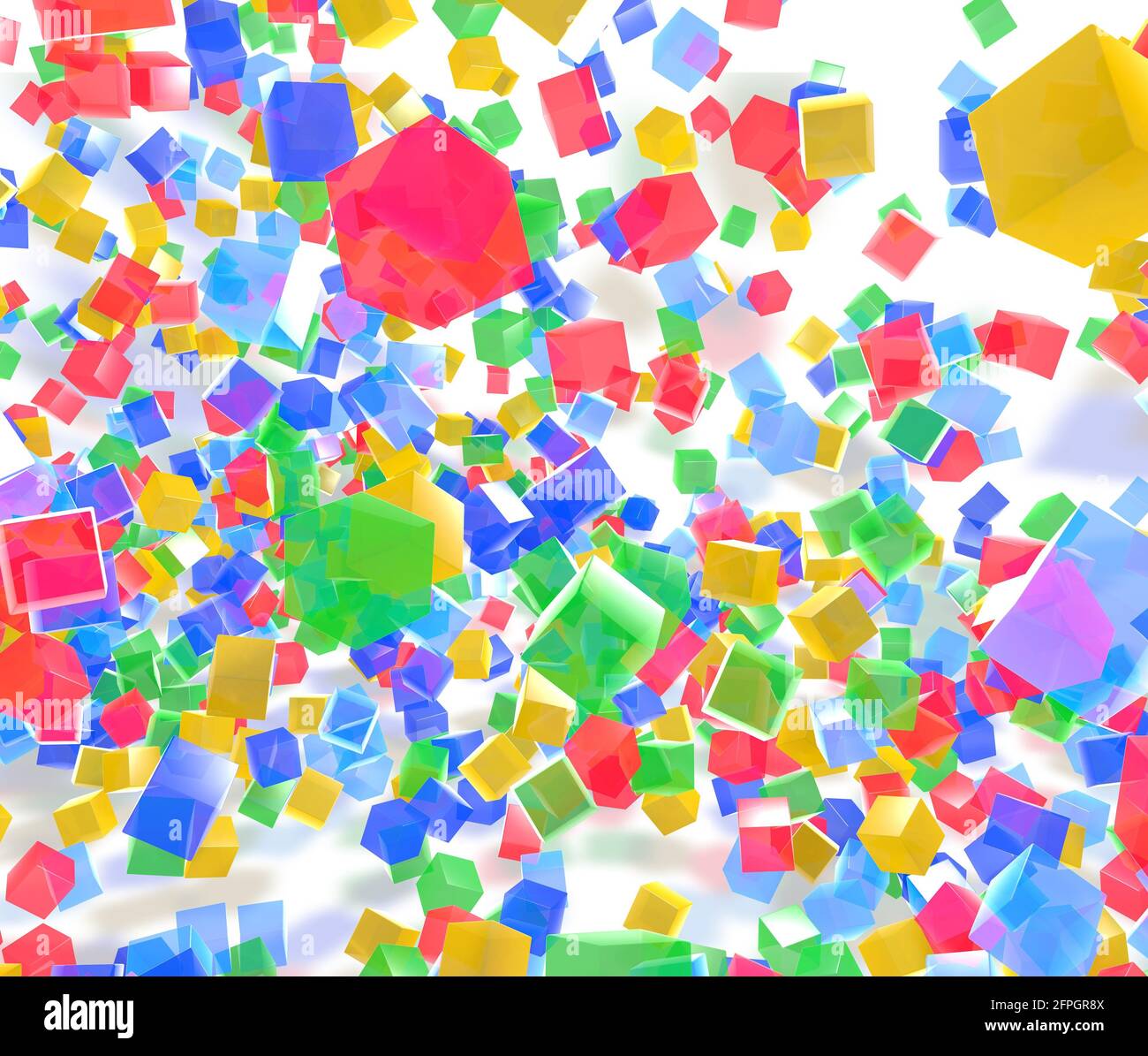 3d illustration of multi-colored cubes exploding festively. Falling to ...