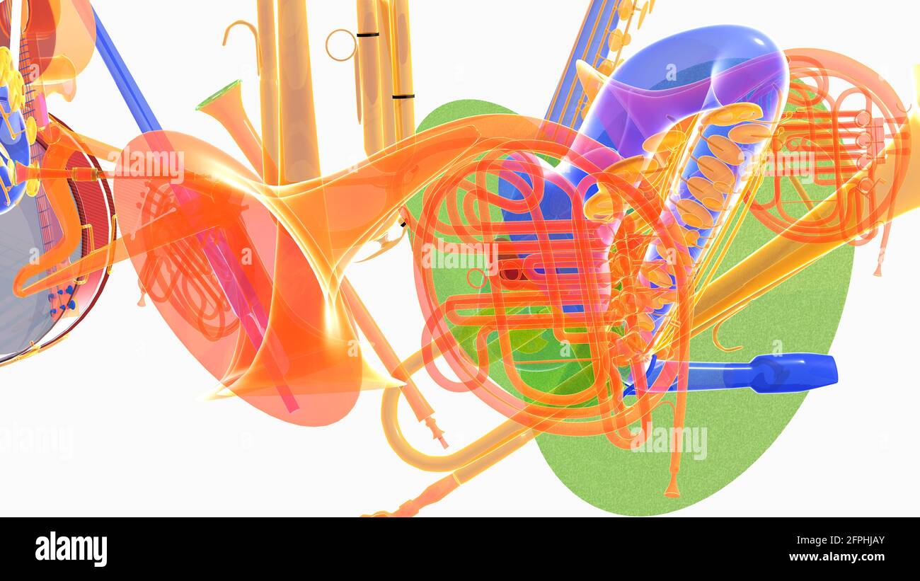 Illustration 3d animation of various transparent music instruments with ...