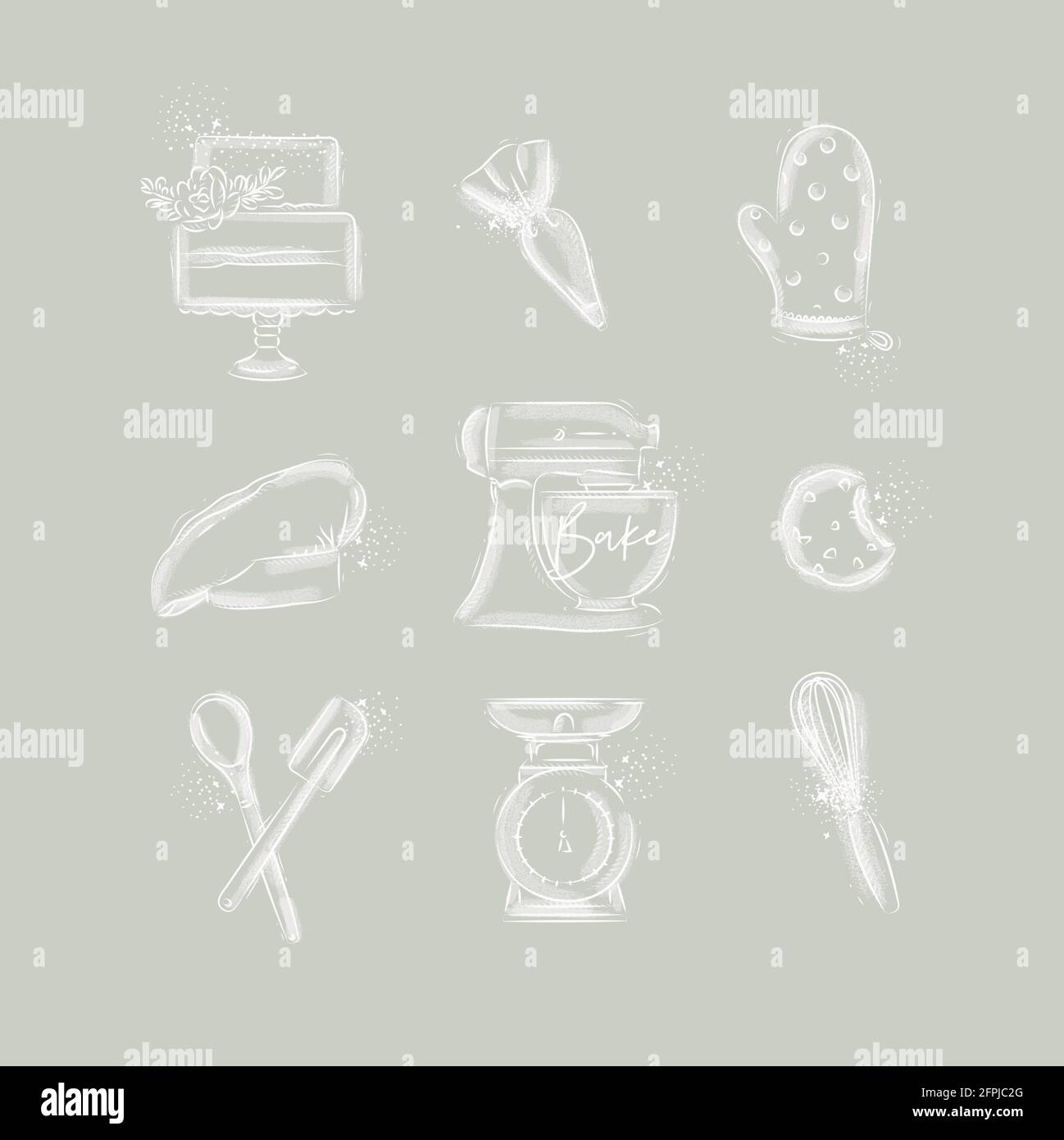 Bakery icon set with illustrated pastry bag, cake, mitts, cook cap ...