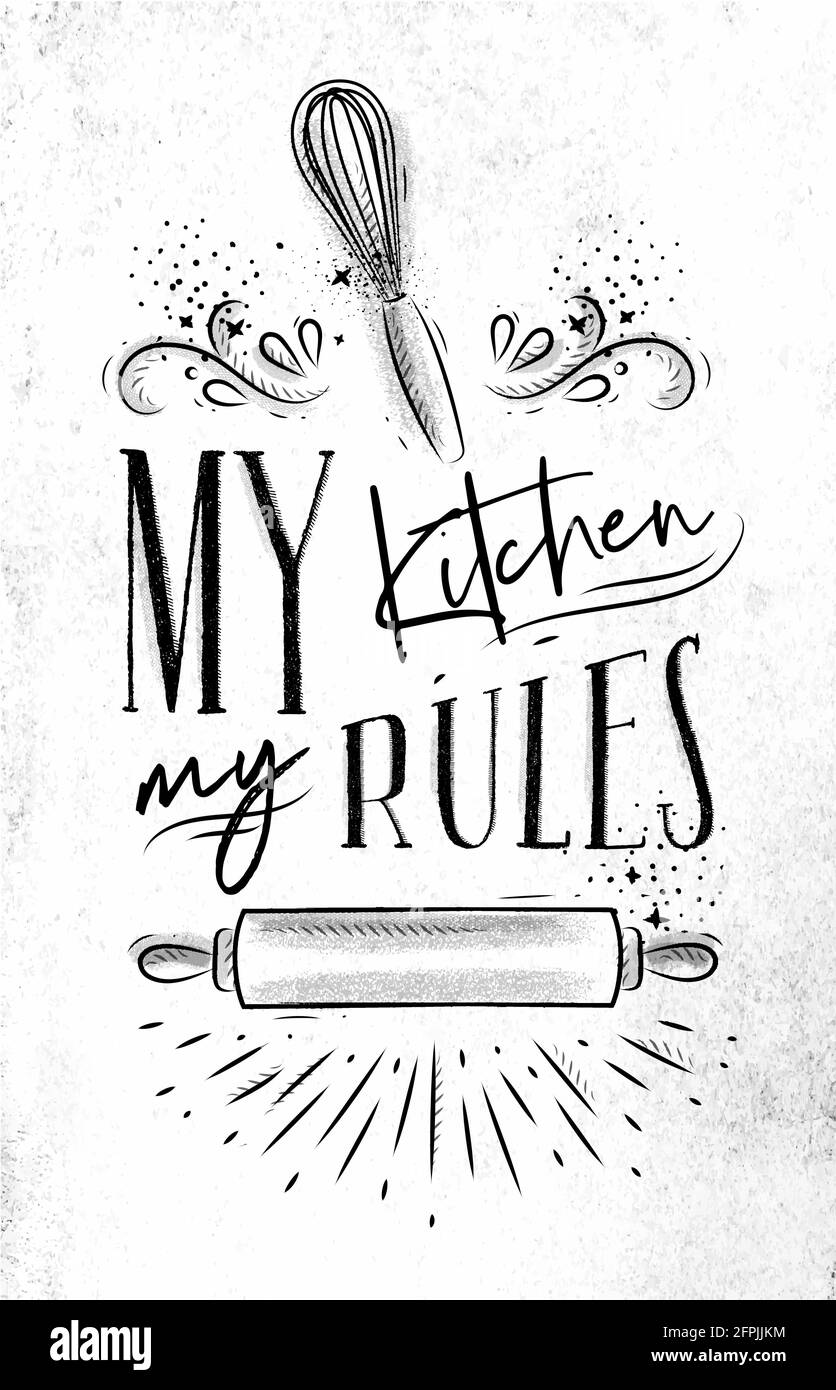 Poster with illustrated pastry equipment lettering my kitchen rules in ...