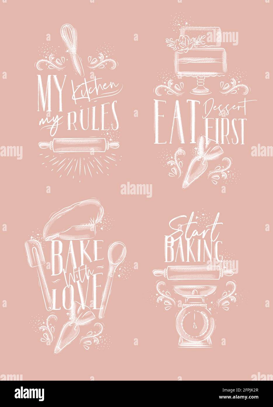 Set of bakery letterings my kitchen rules, eat dessert first, bake with ...
