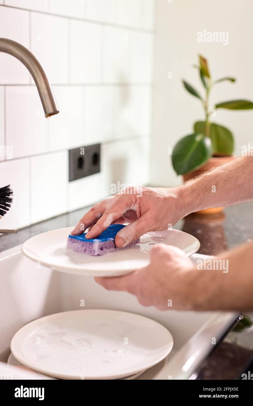 cropped man washing dishes at home kitchen. close-up male hands doing ...