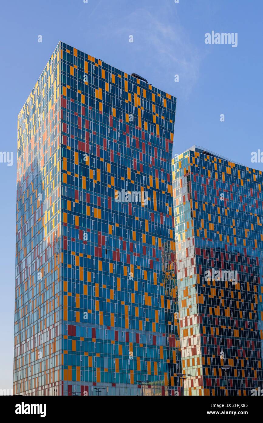 Two picturesque modern buildings with geometric patterns Stock Photo ...