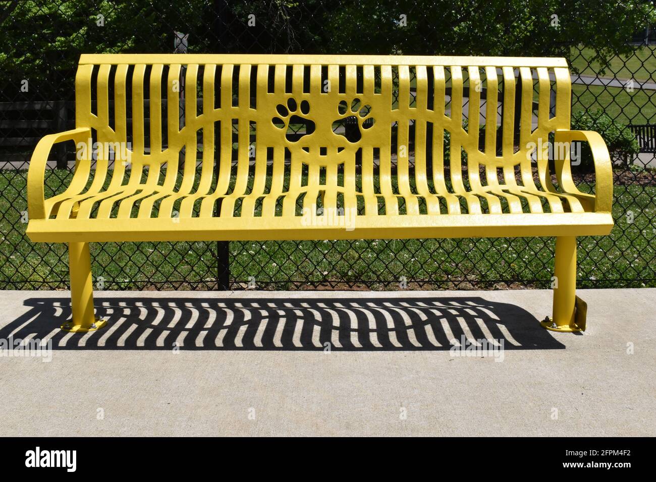Yellow park bench with paw print cutouts on the back of the bench Stock ...