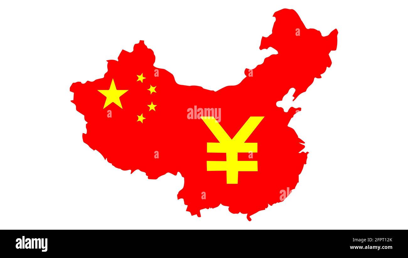 Red map of china with the flag and currency symbol Yuan - white ...