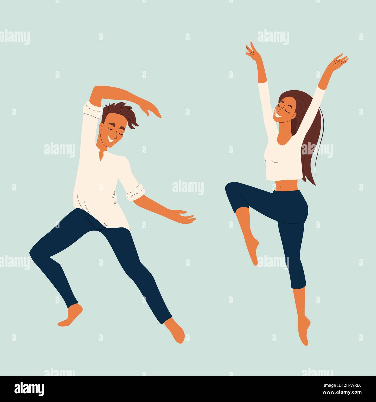 Two young dancers guy and girl, vector dancing characters in flat style ...
