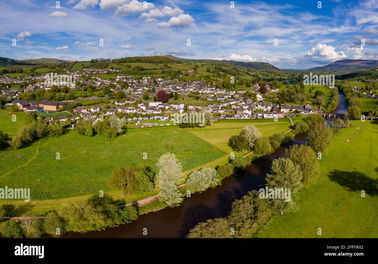Aerial drone view of the Welsh town of Crickhowell in the Brecon ...