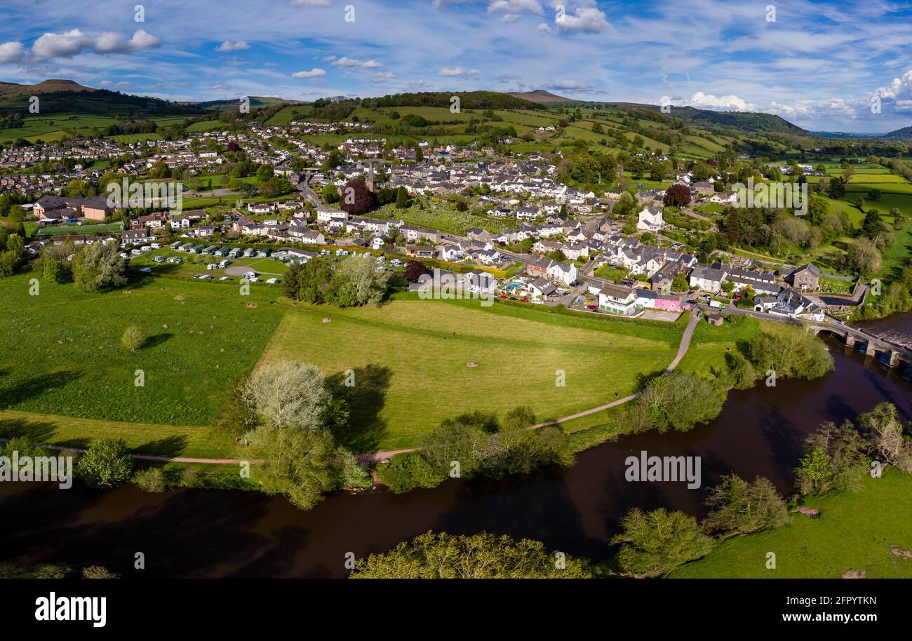 Aerial drone view of the Welsh town of Crickhowell in the Brecon ...