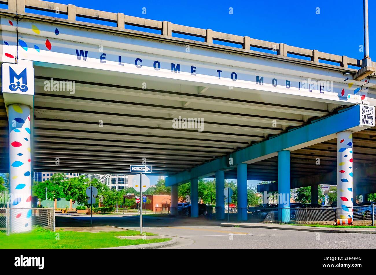 “Welcome to Mobile” is painted on the Interstate-10 overpass near the ...