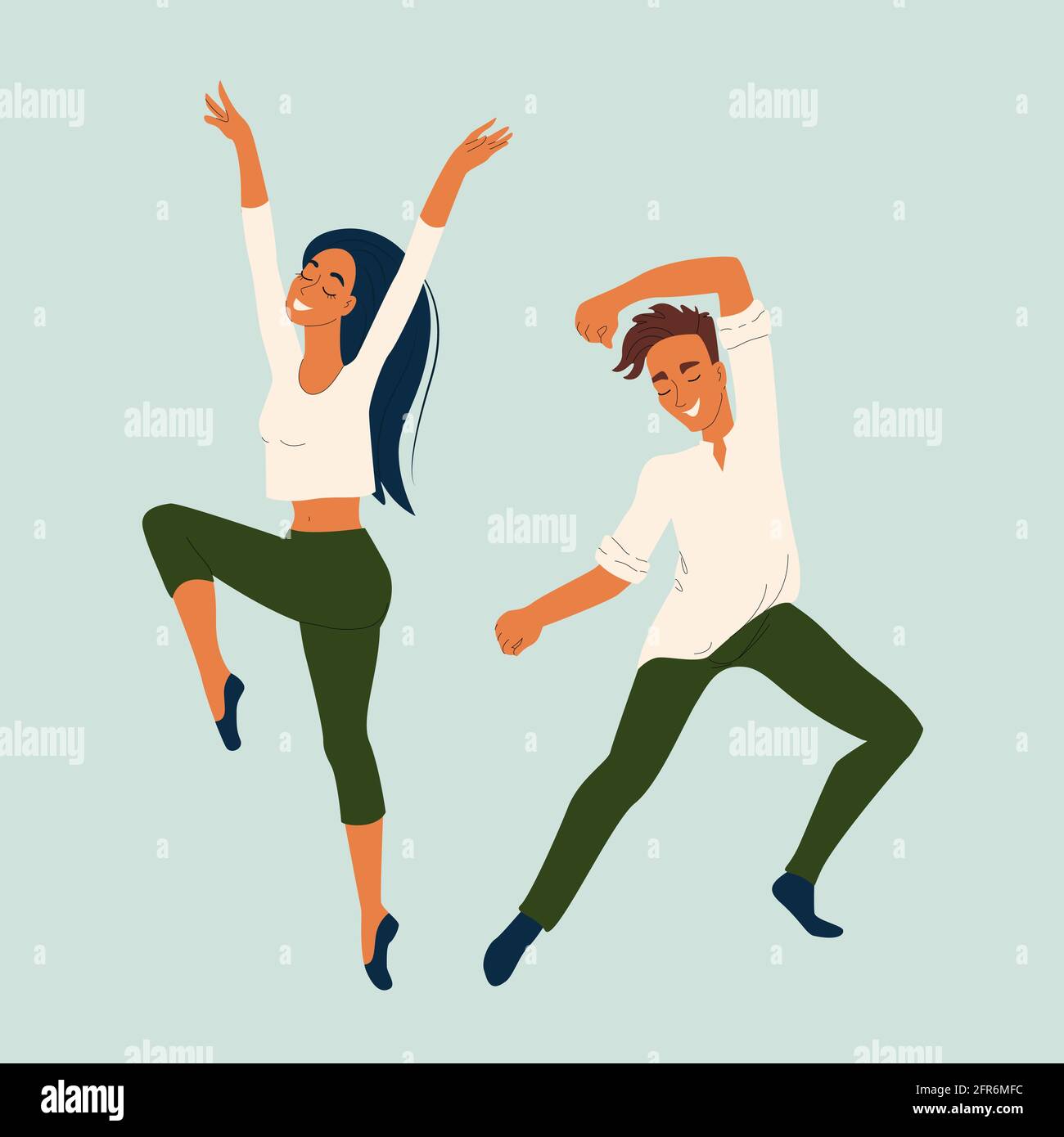 Two young dancers guy and girl, vector dancing characters in flat style ...