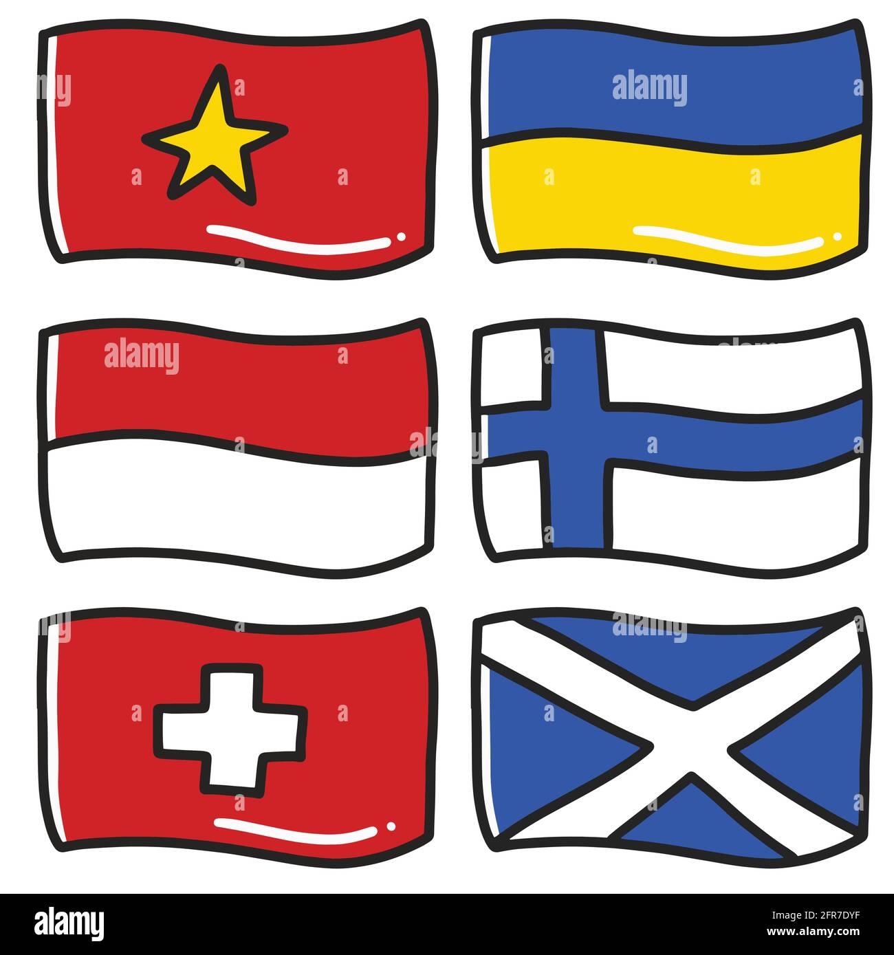 illustration of the flags of six world countries hand-drawn doodle art ...