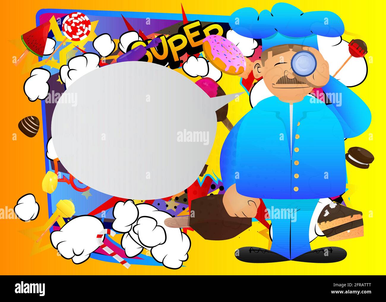 Fat male cartoon chef in uniform holding binoculars in his hands ...