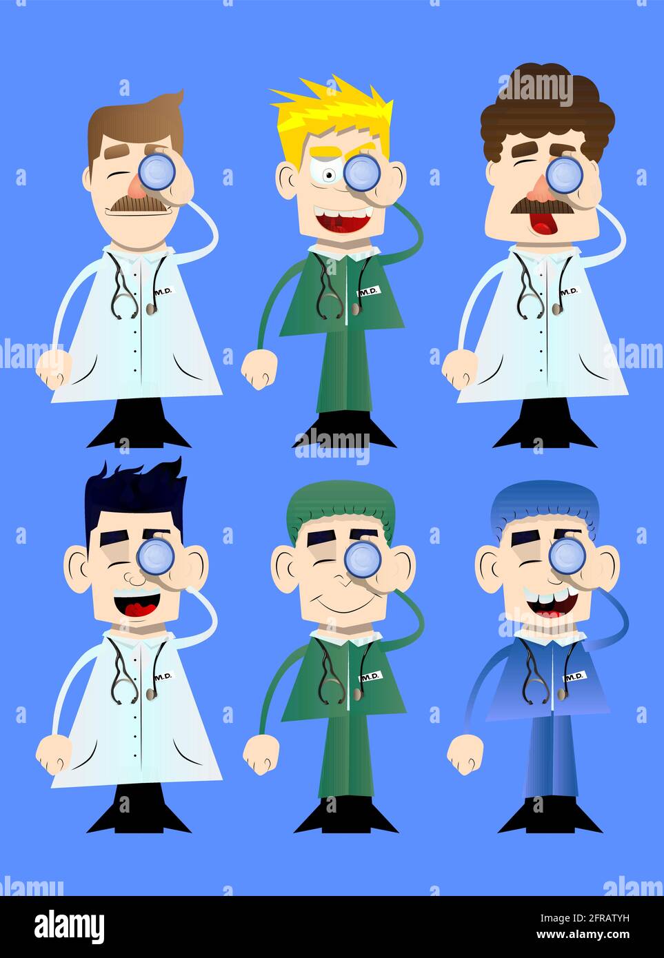 Funny cartoon doctor holding binoculars in his hand. Vector ...