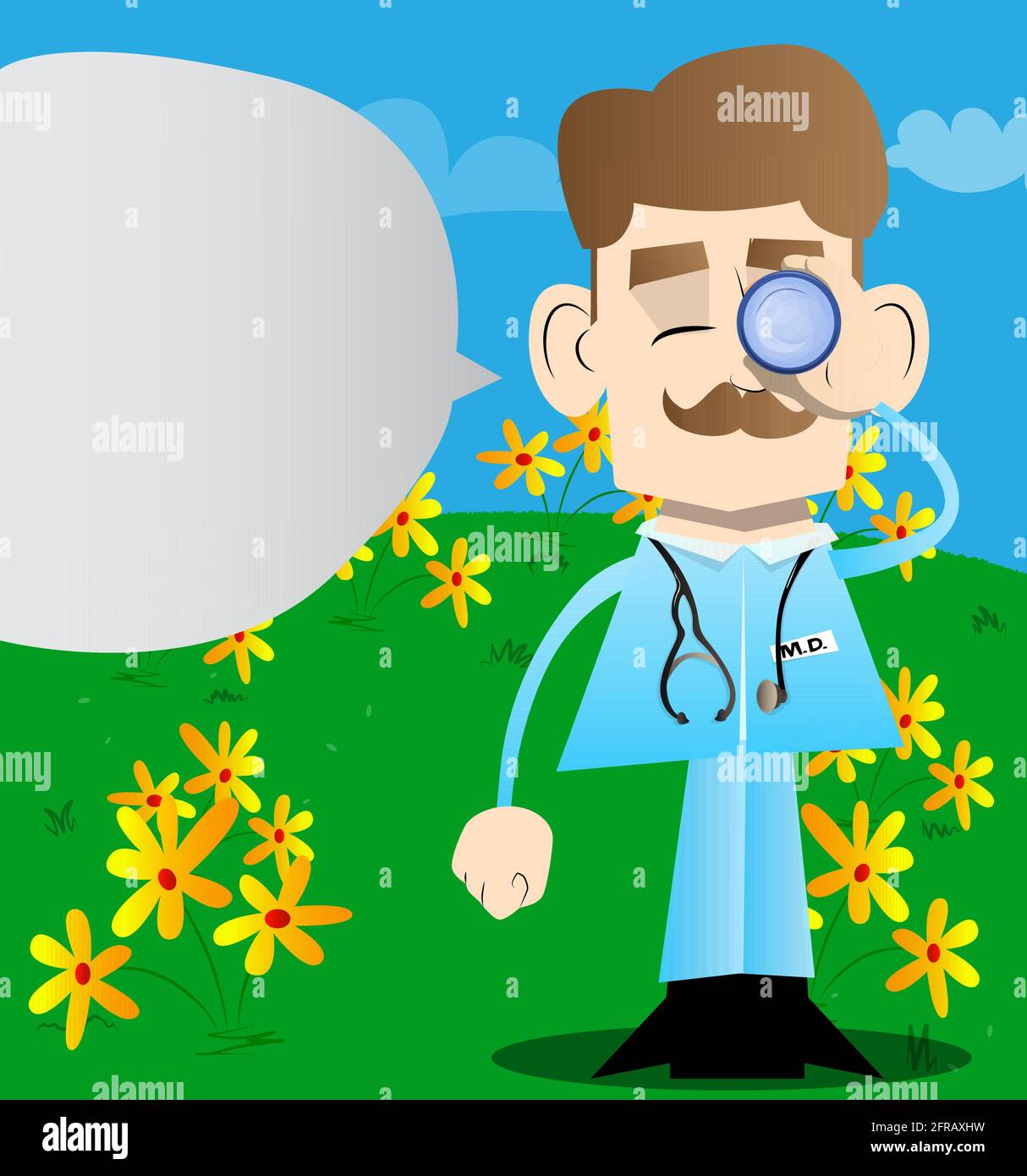 Funny cartoon doctor holding binoculars in his hand. Vector ...