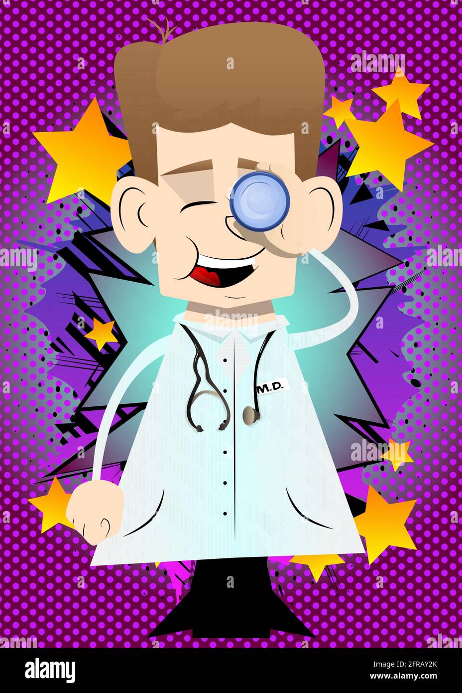 Funny cartoon doctor holding binoculars in his hand. Vector ...