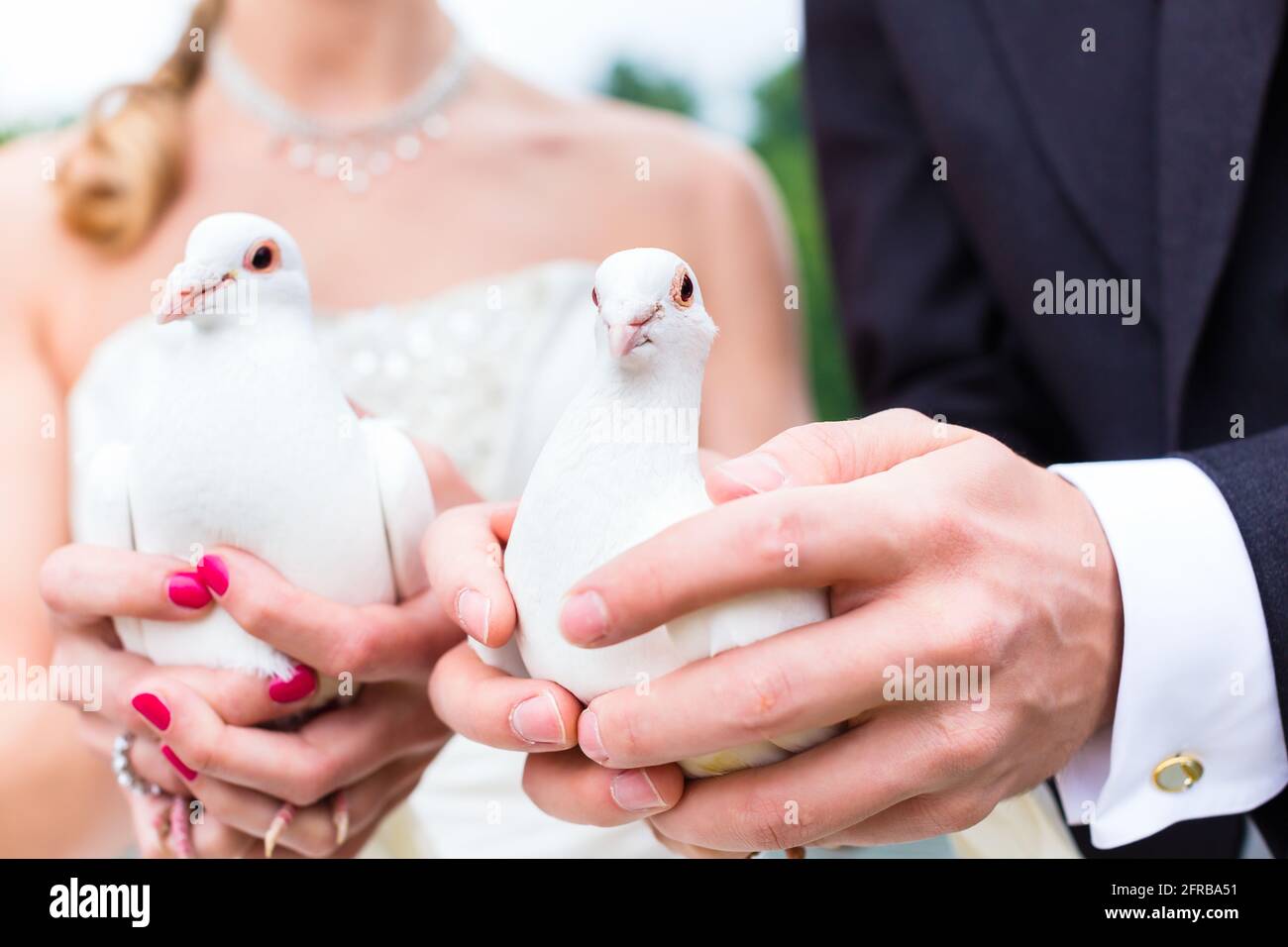 Bridal couple at wedding with white doves Stock Photo - Alamy