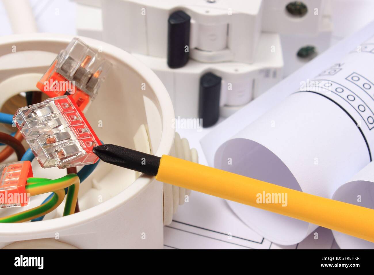 Electrical box with connections of electric copper wires, electric fuse ...