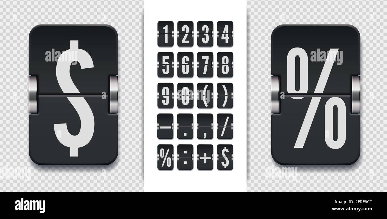 Vintage floating symbols for time meter vector template. Analog countdown number font. Flip ...