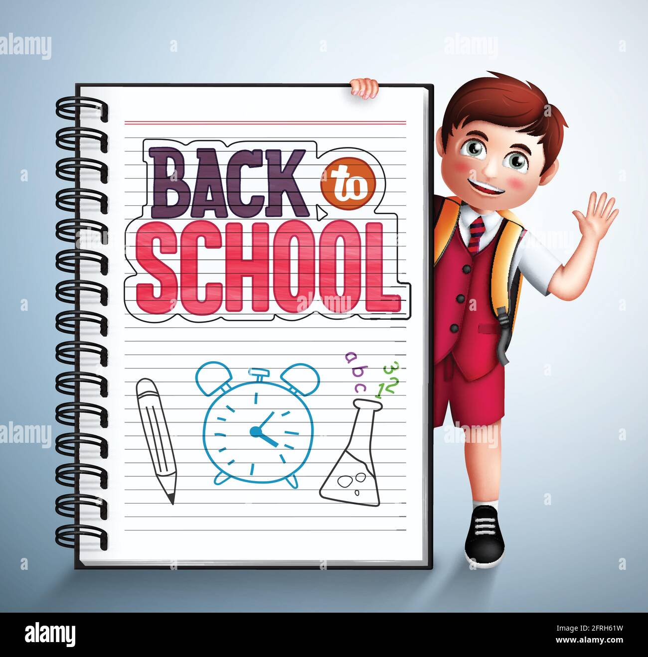 School boy vector character design. Back to school text in notebook ...