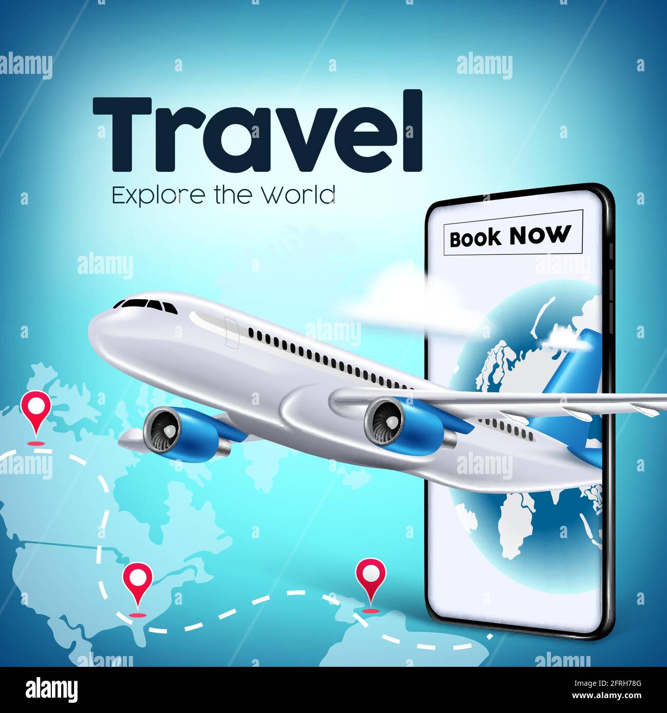 Travel world vector banner design. Travel and book now text in mobile ...